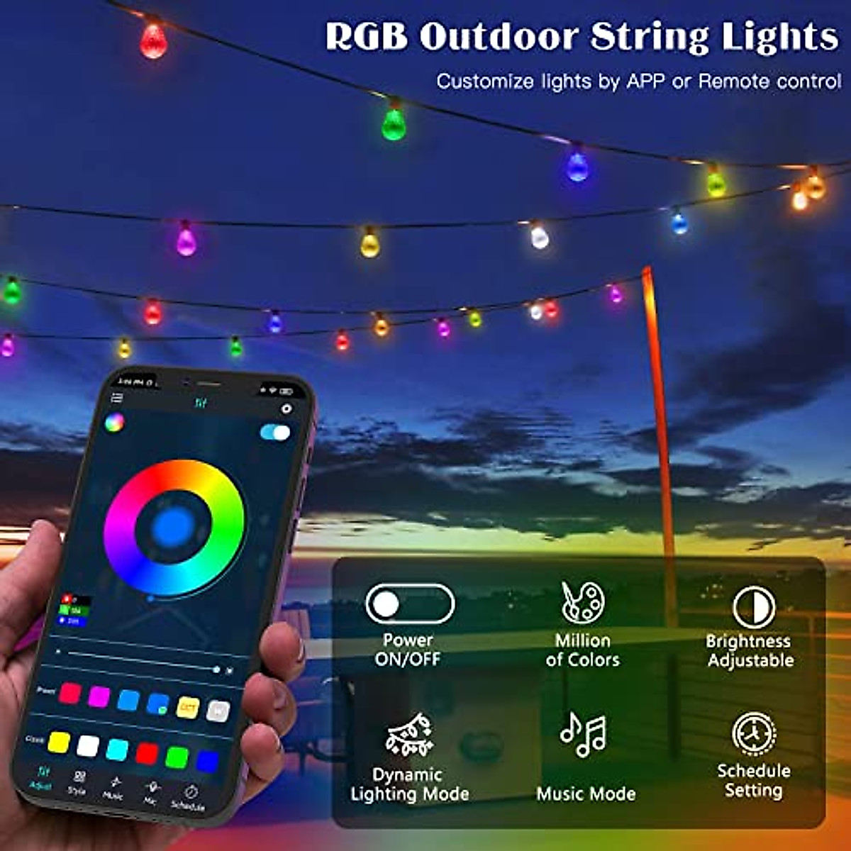 Outdoor String Lights 53FT RGB Color Changing Patio String Lights With App & Remote Control, 25 Bulbs Smart LED String Lights IP66 Waterproof Shatterproof 8 Scene Modes For Patio, Balcony, Garden
