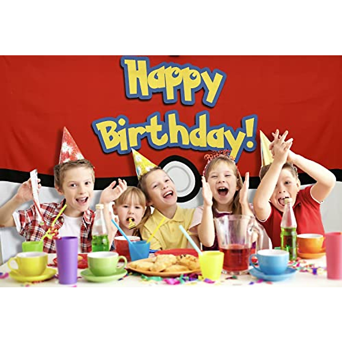 5x3ft Cartoon Video Game Birthday Photography Backdrops Magical Pet Red and White Ball Photo Background Party Table Banner Back Drop Decor