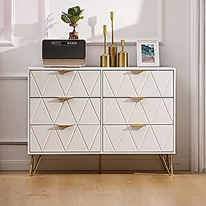 Betterhood 6 Drawer Dresser,White Dresser for Bedroom, Wood Chest of Drawers with Diamond Board & Gold Metal Handles for Bedroom,Living Room,Closet Hallway (White)
