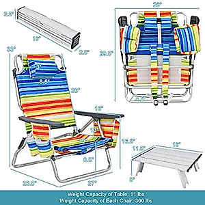 Safstar Folding Beach Chair Set, 2 Pack Folding Chair and Aluminum Small Table, 5-Position Adjustable Camping Chairs with Ice Bag, Comfort Pillow, 3 PCS Backpack Recline Beach Chairs (Color Strip)