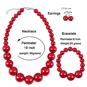 GRACE JUN Bridal Wedding Faux Pearl Statement Necklace and Clip on Earrings Bracelet Jewelry Sets Women Bib Choker Necklace (Red-Necklace+Bracelet+Clip Earrings)