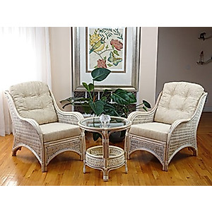 Jam Lounge Living Accent Armchair Natural Rattan Wicker Handmade Design with Cream Cushion, White Wash