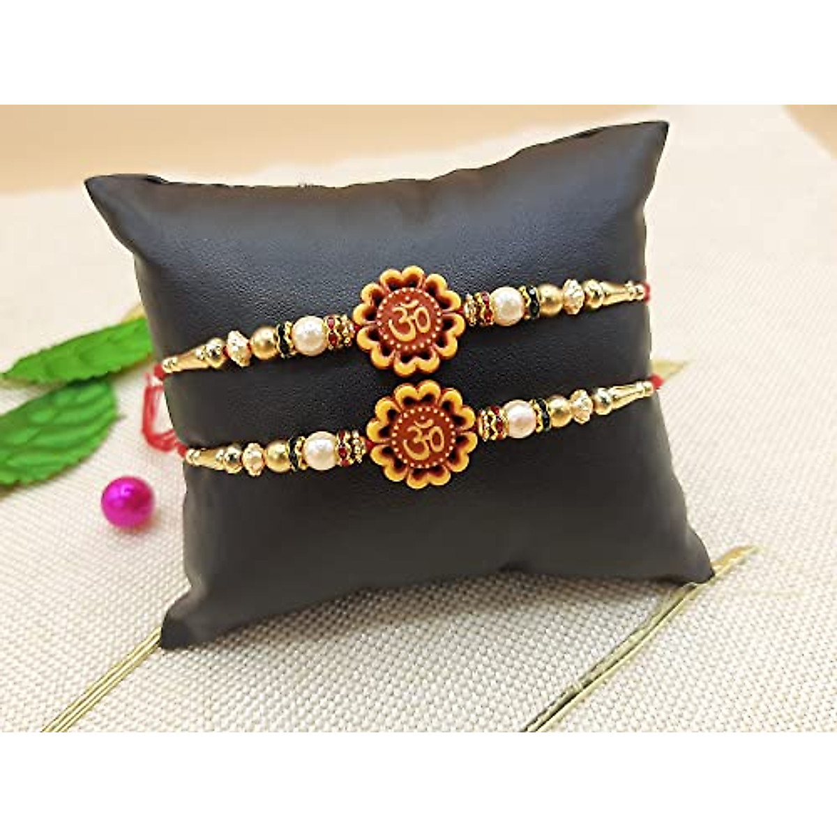 Rakhi Traditional for Brother Sister, Multi Color Beautiful & Fancy Designer Thread Raksha Bandhan Rakhi Gift (Design1 - Flower OM Rakhi Set of 2, Small)