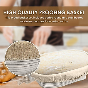 Premium Bread Banneton Proofing Basket Set of 2, 10 inch Round & Oval Cane Bread Proofing Baskets with 4 set cloth Sourdough Baskets Tools & Liners for Artisan Bread Making, Baking Supplies Kit