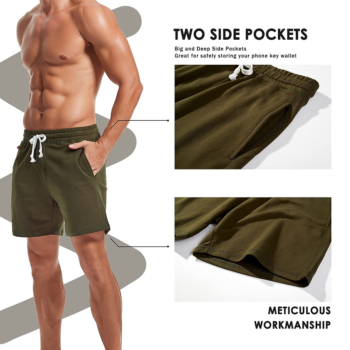 AMY COULEE Mens Athletic Workout Shorts 5.5" Cotton Casual Shorts Elastic Waist Joggers Sports Sweat Shorts (Army Green, M)