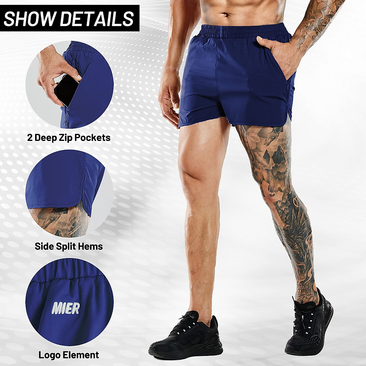 MIER Men's 3 Inches Athletic Running Shorts Built-in Liner Water Resistance Cool Dry Gym Exercise Jogging Track Shorts Zippered Pockets Navy M
