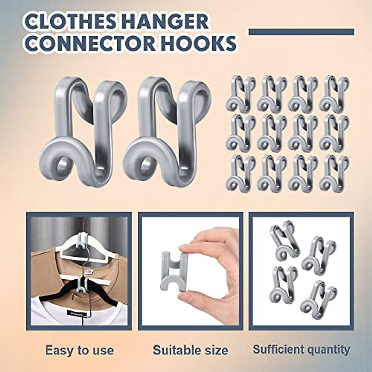 Geetery 250 Pcs Clothes Hanger Connector Hooks Space Saving Mini Clothes Hangers Cascading Hanger Hooks Plastic Connecting Buckle Hooks for Hangers Heavy Duty Extender Hooks for Closet, Grey