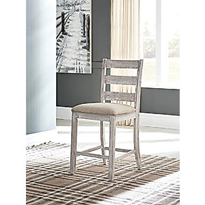 Signature Design by Ashley Skempton Farmhouse 36" Counter Height Dining Table with Storage & Wine Rack, Whitewash & Skempton 24" Counter Height Upholstered Barstool, Set of 2, Antique White