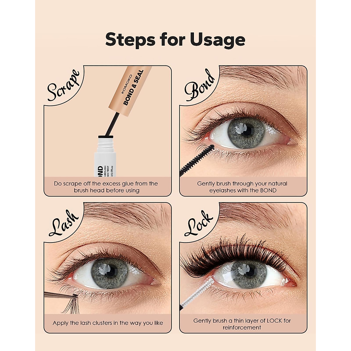 Komoko Lash Bond and Seal (10ml), Cluster Lash Glue for Individual Cluster Lashes, Bond and Seal Lash Glue Super Strong Hold and Long Lasting 48-72 Hours, Waterproof Eyelash Glue & Lash Extension Glue