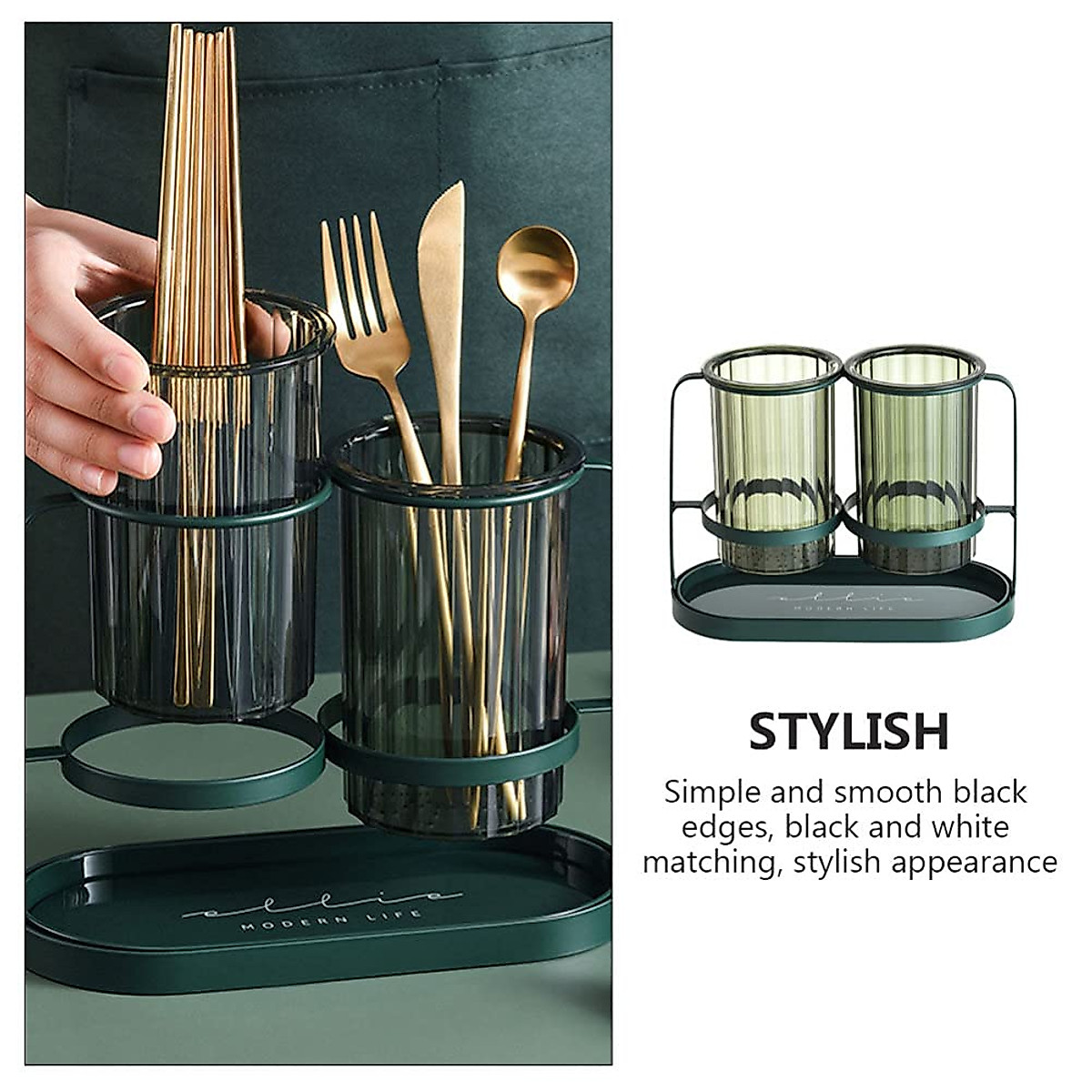 Hemoton Stainless Steel Serving Utensils Kitchen Utensil Holder Flatware Silverware Organizer Tableware Container Cutlery Holders for Spoons and Forks Dark Green Stainless Steel Utensil Holder