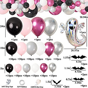 172Pcs Halloween Balloon Garland Arch Kit, Black Pink Sliver Halloween Balloons with 3D Bat Sticker Ghost Foil Balloon Pink Halloween Decor for Girls Kids Halloween Birthday Baby Shower Party Supplies