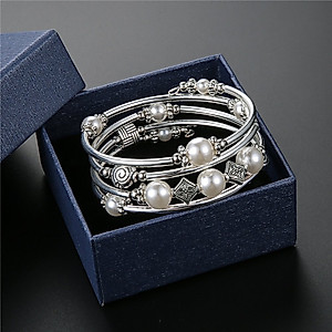 Beaded Pearl Bangle Wrap Bracelet - Fashion Bohemian Jewelry Multilayer Charm Bracelet with Thick Silver Metal Beads, Gift For Women (White)