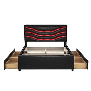 Queen Size Upholstered Storage Platform Bed with LED, 4 Drawers and USB Charging, Modern LED Bed Frame with Sturdy Wooden Slat Support for Kids Teens, Space Saving Design & Easy Assemble (Black)
