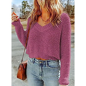 Dokotoo Solid V Neck Cropped Sweaters for Women Fall Casual Long Sleeve Knitted Pullover Jumper Tops Red Medium