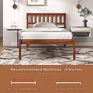 Giantex Wood Twin Bed Frame with Headboard, Mid Century Platform Bed with Wood Slat Support, Solid Wood Foundation, 12 Inch Height for Under Bed Storage, Easy Assemble, Walnut