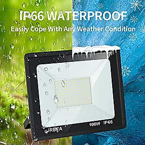 JRBFA 2 Pack 100W LED Flood Lights Outdoor, 10000lm LED Work Light with Plug, 6500K Daylight White, IP66 Waterproof Exterior Outside Floodlights for Backyard, Garage, Garden, Lawn