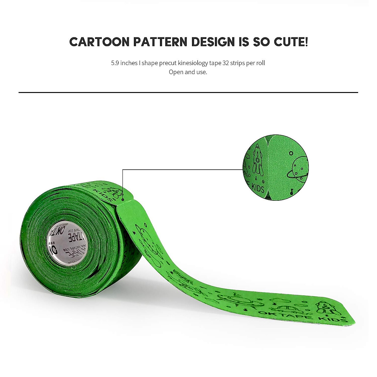 OK TAPE Kid Tape Hypoallergenic Sport Kinesiology Tape Designed for Kid&Teenage Sensitive Skin Precut Tape for Sports Supply，Easy Removal No Harm to Skin, 5.9 Inches 32 Strips 1 Roll, Green