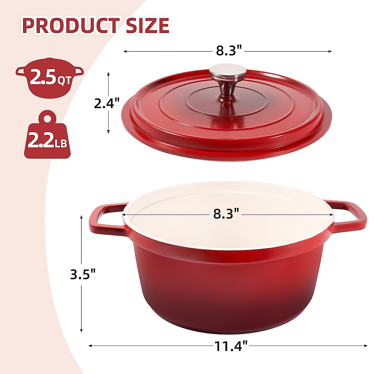 Lightweight 2.5 Qt Dutch Oven Pot with Lid, Nonstick Dutch Oven, Enameled Dutch Oven for Bread Baking, Cast Aluminum Pot Compatile with All Cooktops, Dishwasher Safe Cookware, Red