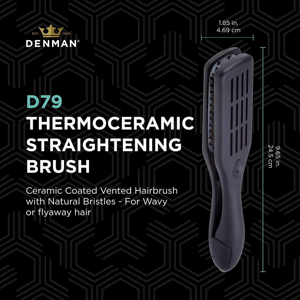 Denman D79 Thermoceramic Hair Straightening Brush - with Boar Bristles - For Wide, Wavy, Curly, Coily Hair – Black