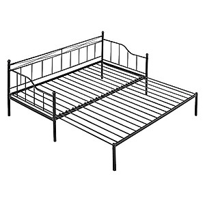 SOFTSEA Twin Size Metal Daybed with Trundle, Heavy Duty Daybed with Pop Up Trundle for Teens Adults Guests, Extendable Daybed Twin to King Size, No Box Spring Needed (Black)