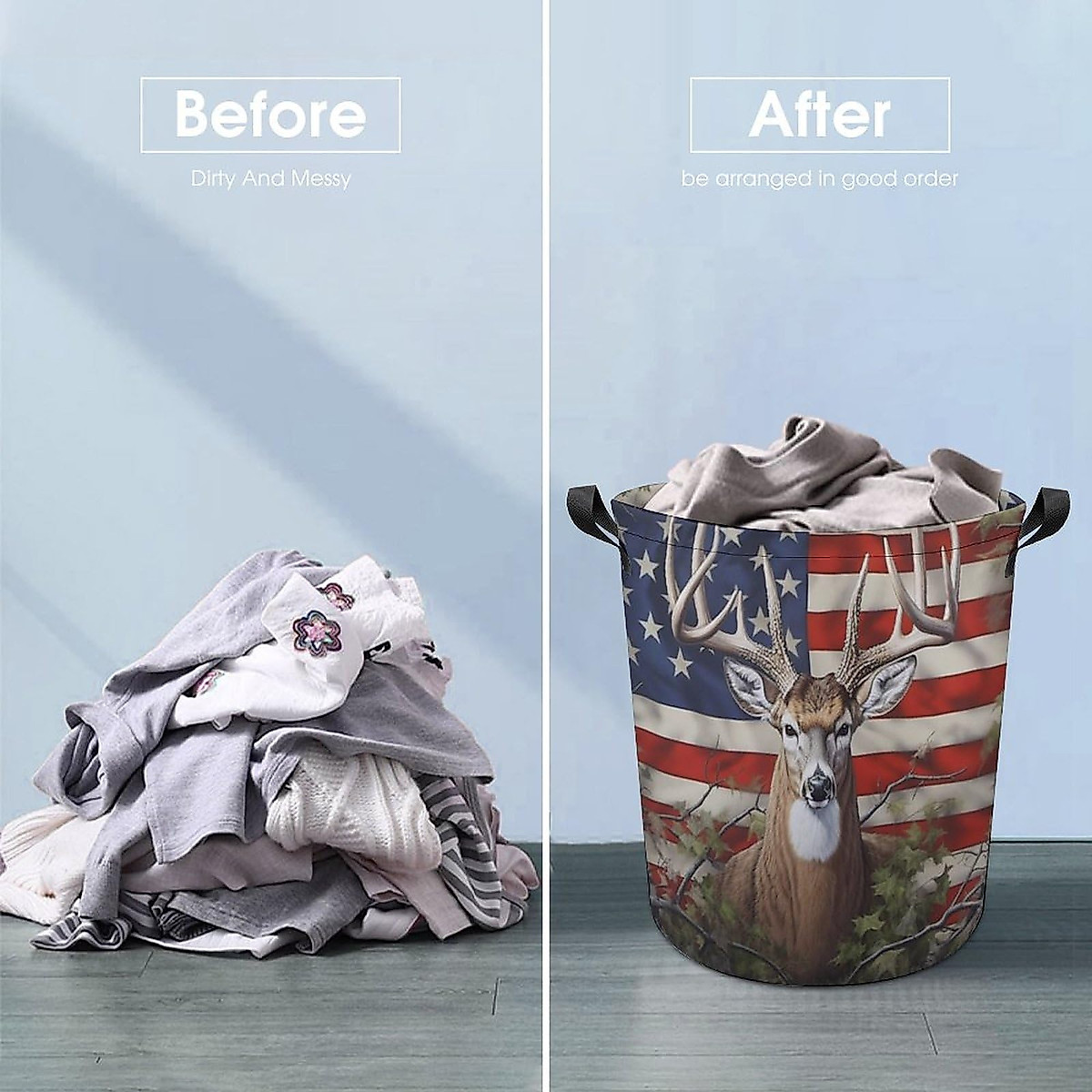 American Deer Flag Laundry Basket Hamper Bag Dirty Clothes Storage Bin Waterproof Foldable Toy Organizer for Bedroom Clothes Toys Basket