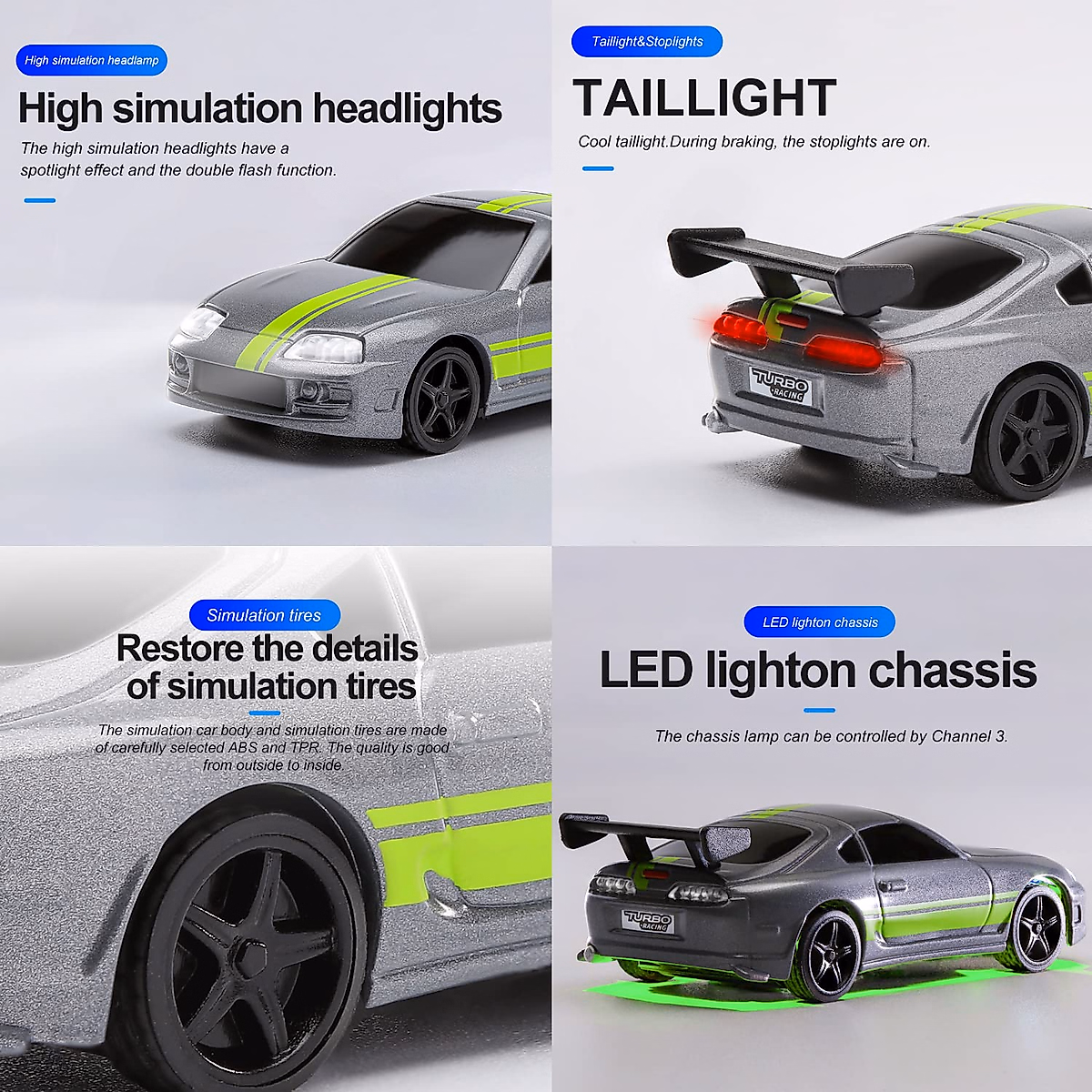 havcybin 1:76 Turbo Racing Scale RC Sport Car, Table Racing Remote Control Mini Model Car Full Proportional RTR Kit Toys (C73grey)