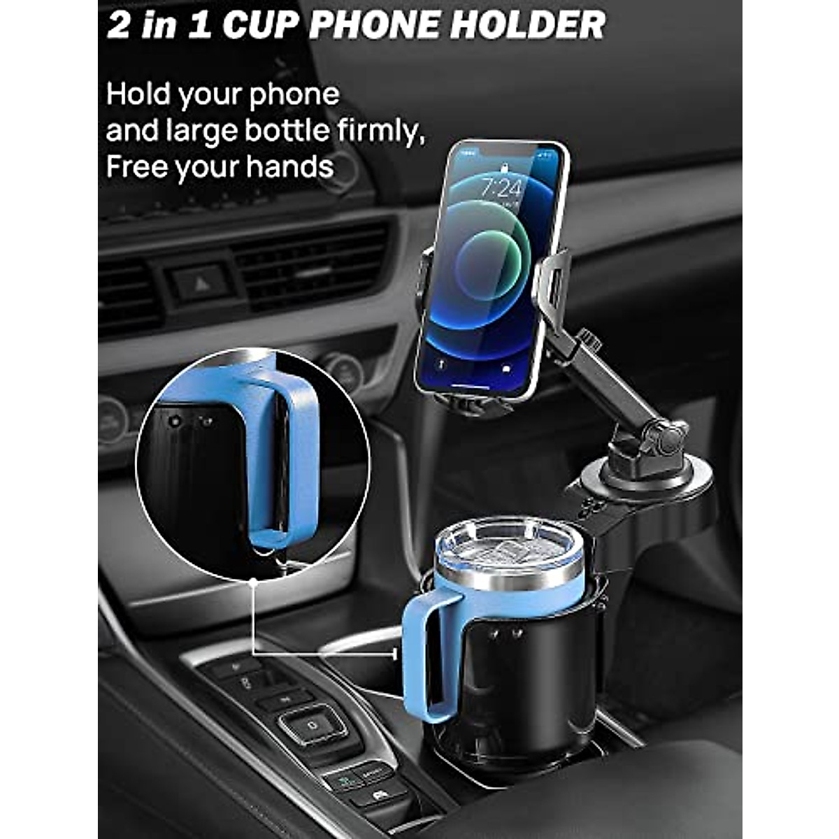 JOYTUTUS Cup Holder Phone Mount for Car, Car Cup Holder Cellphone Holder for Car, Large Car Cup Holder Adapter Long Arm with 360 Degree Rotation, Compatible with iPhone, Samsung & All Smartphones