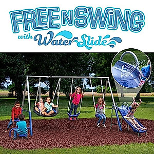 XDP Recreation Free N’ Swing with 5' Water Wave Slide - Outdoor Backyard Kids Fun Swing Set with Galvanized Steel Frame, Gray