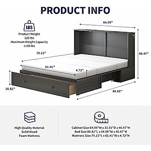 ijuicy Murphy Bed Queen,Cube Chest Cabinet Bed with Charging Station & 3 Level Foldable Memory Foam Mattress & Large Drawer for Guests/Bed Room-Grey