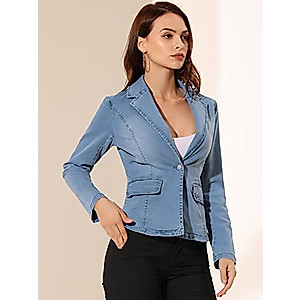 Allegra K Women's Notched Lapel One Button Long Sleeve Business Washed Denim Blazer Medium Light Blue
