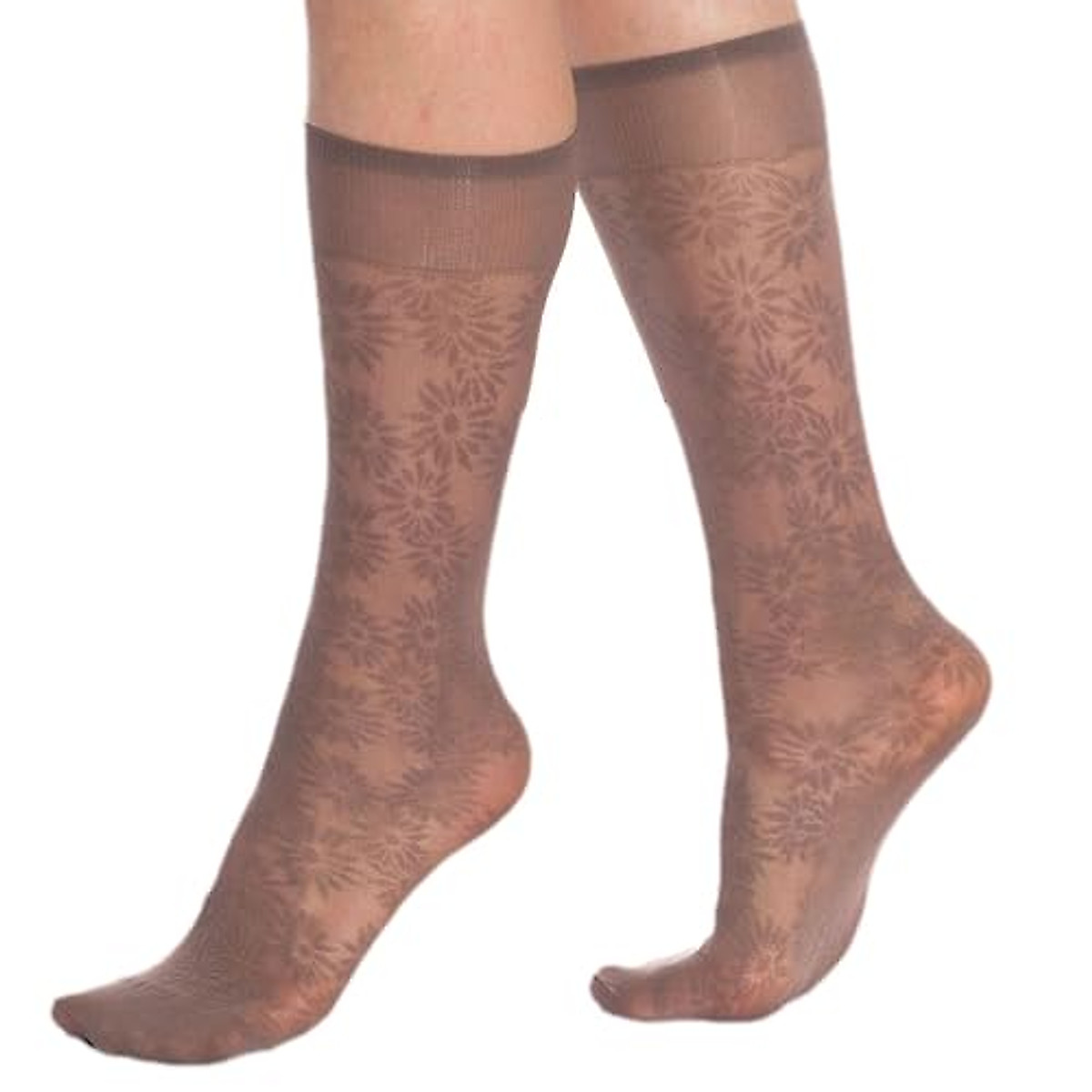 AWS/American Made Sheer Knee High Socks for Women Pack of 3 Pairs 15 Denier Stay up Band (Mink Flower Patterned)