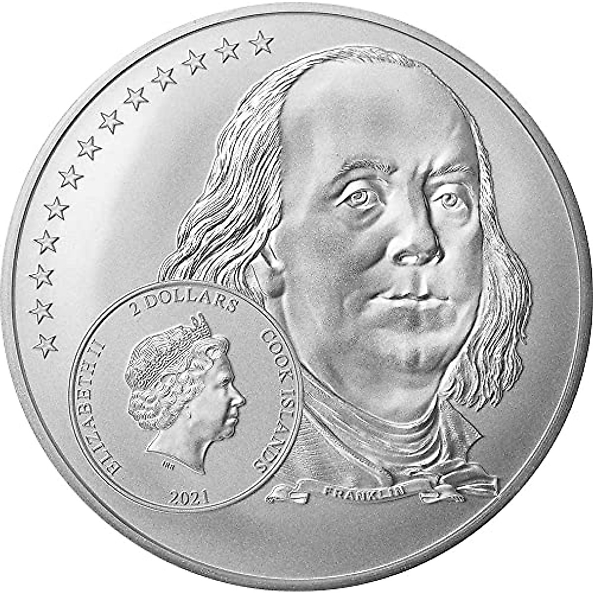 2021 DE An American Life PowerCoin Writer Benjamin Franklin Graded Ms70 1/2 Oz Silver Coin 2$ Cook Islands 2021 Proof