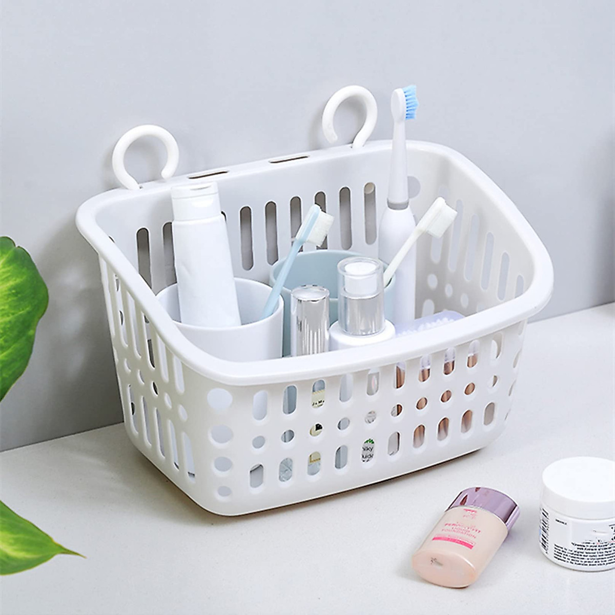 Doitxue 3PCS Plastic Hanging Baskets for Shower, Hanging Basket Organizer with Hooks, Rectangle 10.6Inches Small Hanging Storage Basket (Grey)