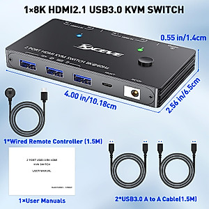 KVM Switch HDMI 2 Port Box, 8K@60Hz USB3.0 HDMI2.1 Switch for 2 Computers Share Keyboard Mouse Printer and one HD Monitor,Support UHD 4K@120Hz,with 2 USB Cable,Power Adapter and Controller