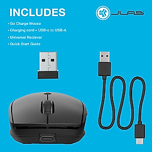 JLab GO Charge Wireless Mouse, Connect Via Bluetooth or USB Wireless Dongle, Multi-Device Toggle, Portable, Ultra-Compact and Lightweight for Work on The Go, Adjustable Tracking, (1 Pack)