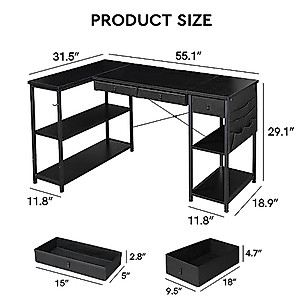 Ｍａｉｈａｉｌ Maihail Home Office Desk with Drawers and Shelves, 55” Computer Corner Desk for Small Space, Small L Shaped Desk with Side Storage for Bedroom, Black