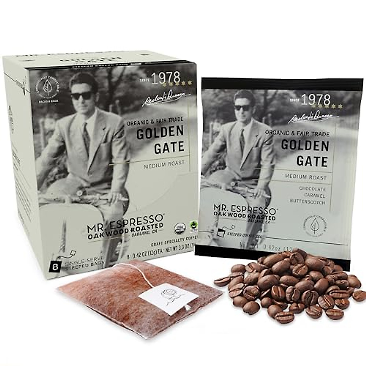 Mr. Espresso Instant Coffee - Organic Single Serve Coffee Tea Bags - Ethically Sourced Instant Espresso Coffee - No Machine Needed, Fair Trade Coffee Packets (Golden Gate) (Medium Dark Roast) (Pack of 8)