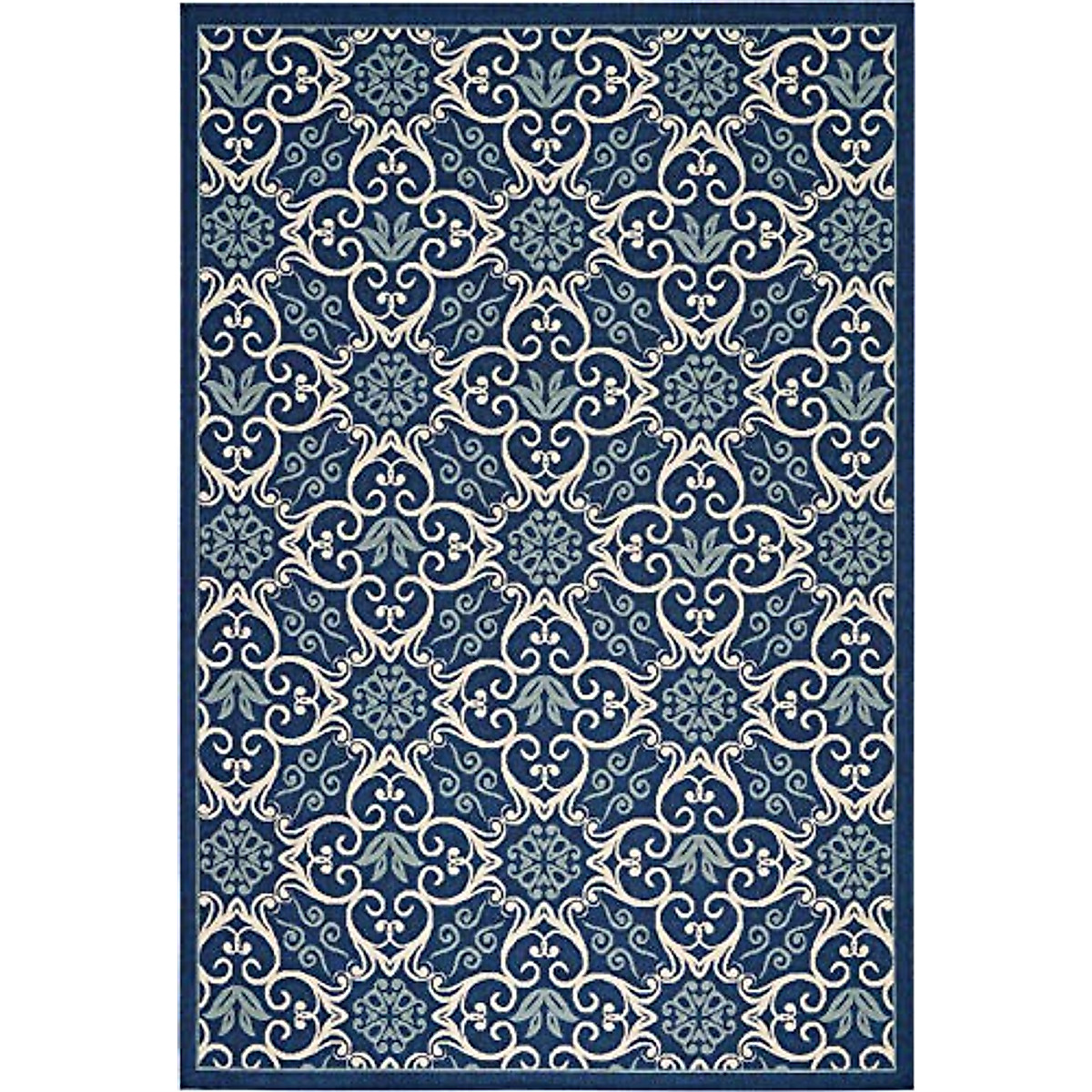 Nourison Caribbean Navy 7'10" x 10'6" Area-Rug, Geometric, Floral, Bed Room, Living Room, Dining Room, Kitchen, Easy-Cleaning, Non Shedding, (8' x 11')