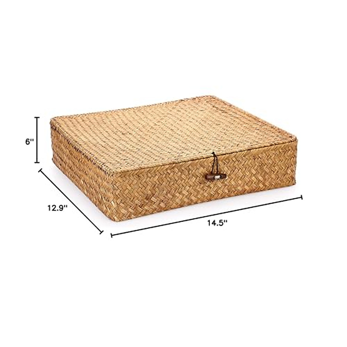 Hipiwe Flat Woven Wicker Basket Bins with Lid X-Large Natural Seagrass Storage Basket Box Multipurpose Household Basket Bins Boxes for Shelf Wardrobe Organizer, Caramel