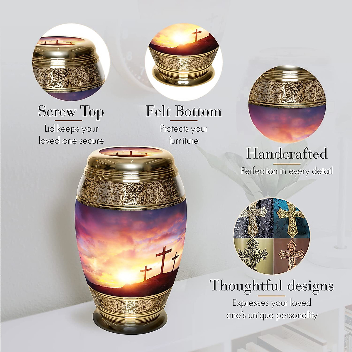 Sunset Cremation Urn for Human Ashes Adult Female for Burial & Home - Urns for Ashes Adult Large Urns for Mom & Cremation Urns for Women Three Cross Sunset Urn Decorative Urn