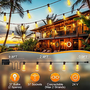 Outdoor String Led Patio Lights - 100Ft 30M Outside Waterproof Light With Remote Dimmable ST38 Shatterproof Bulb Connectable Hanging Outdoor Electric Lighting For Backyard Yard Gazebo Porch Party