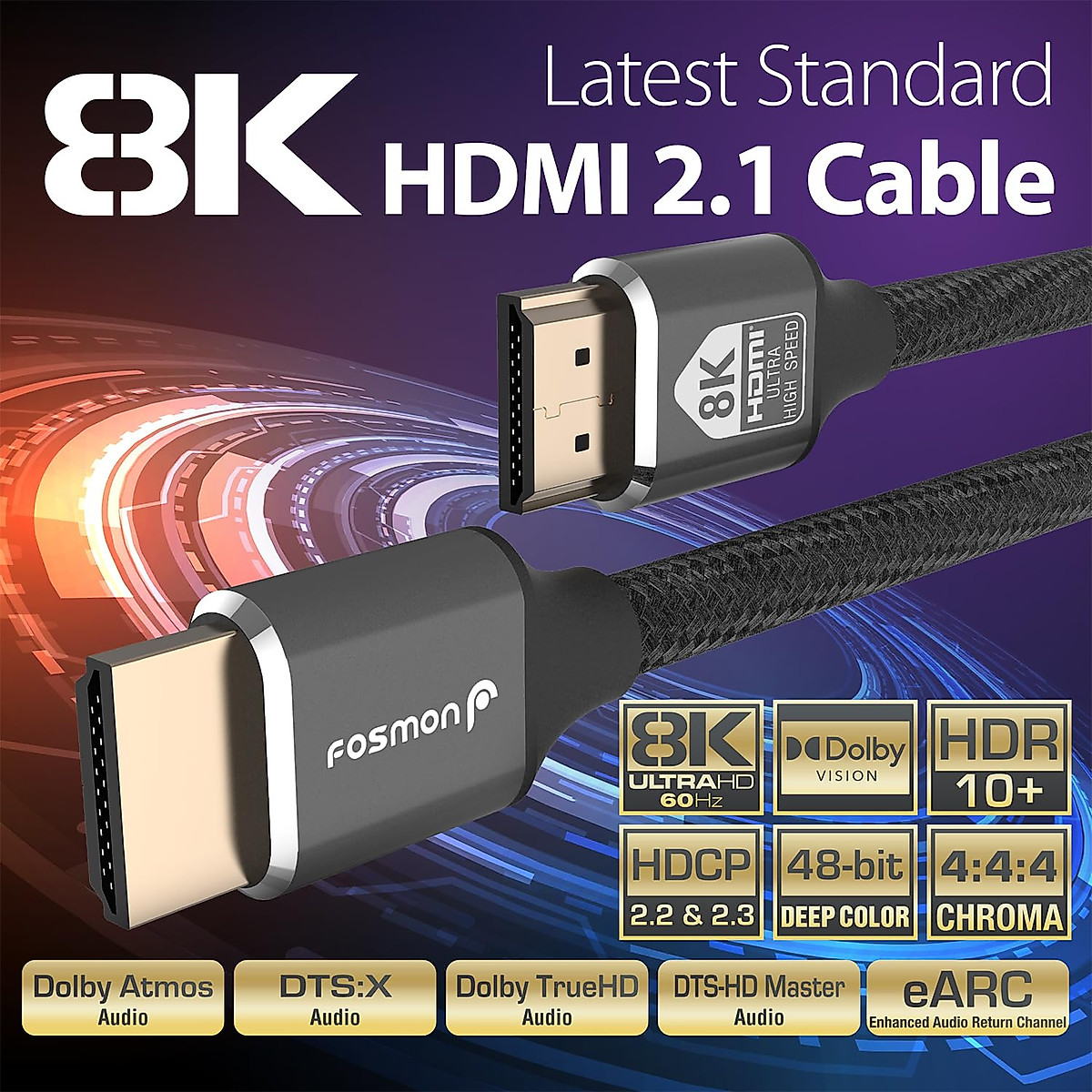 Fosmon HDMI 2.1 Cable 8K@60Hz 1ft (2 Pack), Premium Certified in-Wall CL3 Rated, 48Gbps Ultra High Speed, 4K@120Hz, Dynamic HDR, HDCP 2.3, 3D, eARC, 30AWG Cotton Braided Compatible with UHD TV & More