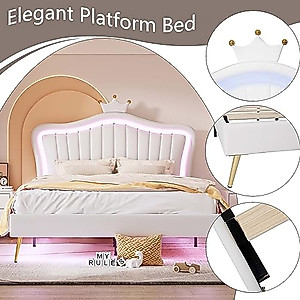 Queen/Full Size Upholstered Bed Frame with Led Lights, Modern Upholstered Princess Bed with Crown Headboard, Wooden Slats Support, No Spring Box Needed (Queen, White)
