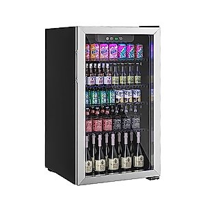 Erivess Compact Freestanding Beverage Refrigerator,126 Can Mini Fridge with Glass Front Door for Soda, Beer, or Wine, Under Counter Drink Dispenser with Adjustable Shelves and Digital Display
