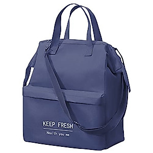 Mziart Large Insulated Lunch Bag with Adjustable Shoulder Strap, Reusable Bento Lunch Bag Wide-Open Lunch Tote Bag Handbag Lunch Box Cooler Bag for Women Men Office Work Picnic Beach(Dark Blue)