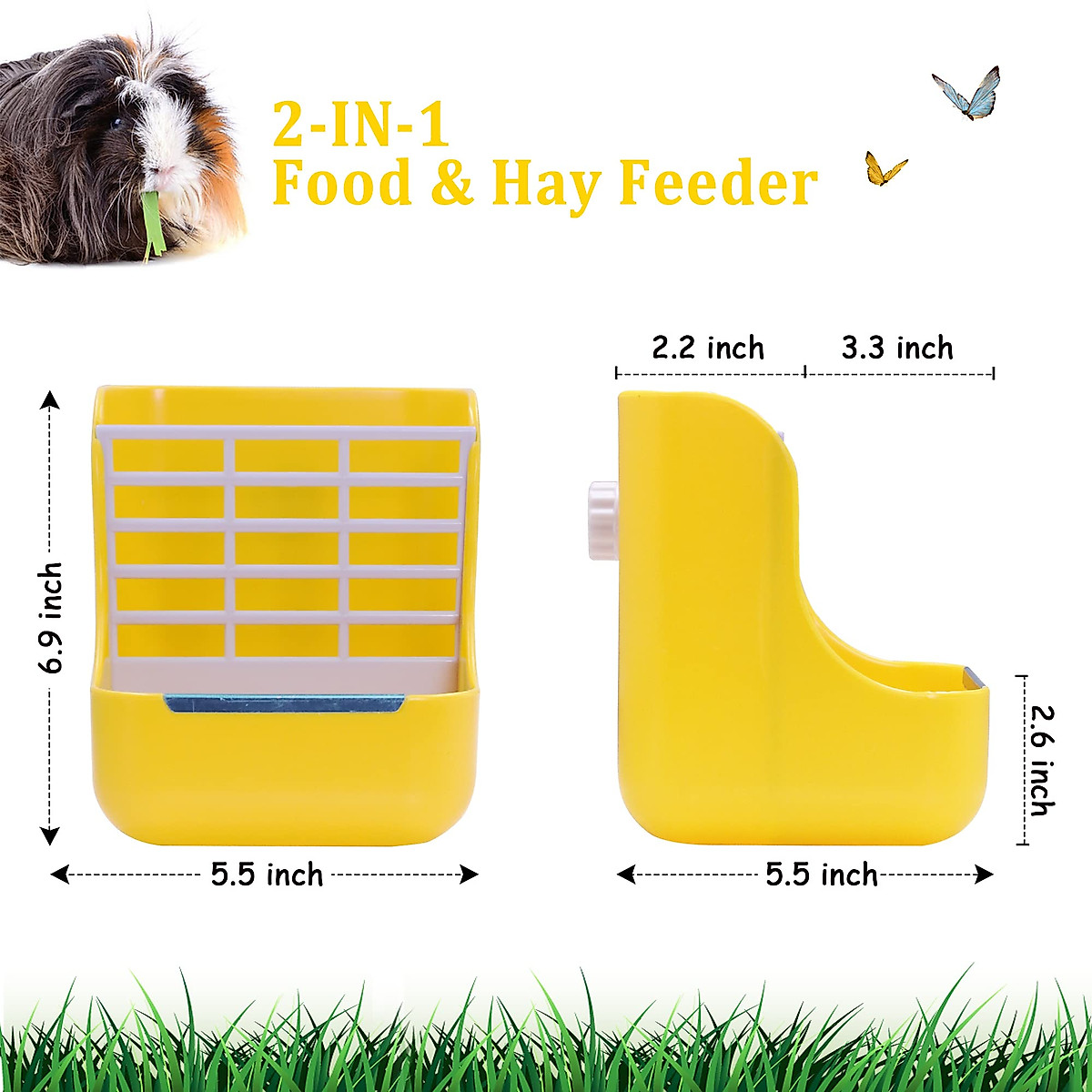 LLSPET 3-in-1 Guinea Pig Hay Feeder Water Bottle Nail Scissors Set, Pets Feeding Kit for Small Animals Bunny Chinchilla Guinea Pig Rabbit, 250ml Rabbit Water Bottle No Drip(Yellow)