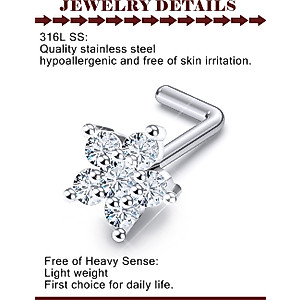 Prjndjw 20G Nose Rings Studs Surgical Steel Nose Studs Glow Dark Heart Opal CZ Flower Nose Piercing Jewelry Nose Rings for Women Straight Bend L Shaped Nose Rings 38Pcs 6.5mm Nose Piercing Kit