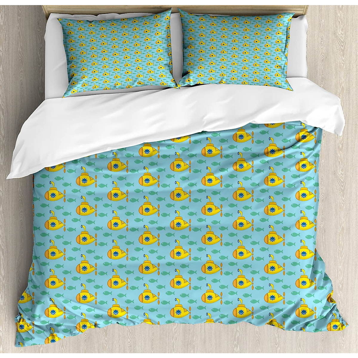 Ambesonne Yellow Submarine Duvet Cover Sets, Aqua Pattern with Little Fish Fun Nautical Porthole Periscope Ocean Theme, Bedding Set with 2 Duvet Covers 4 Pillowcases, 2 Pack Cal King Size, Aqua Yellow