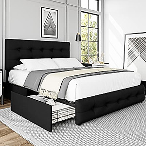 Queen Bed Frame with 4 Storage Drawers and Adjustable Headboard, Upholstered Platform Bed with Button Tufted Design, Strong Wooden Slats Support, No Box Spring Needed, Black
