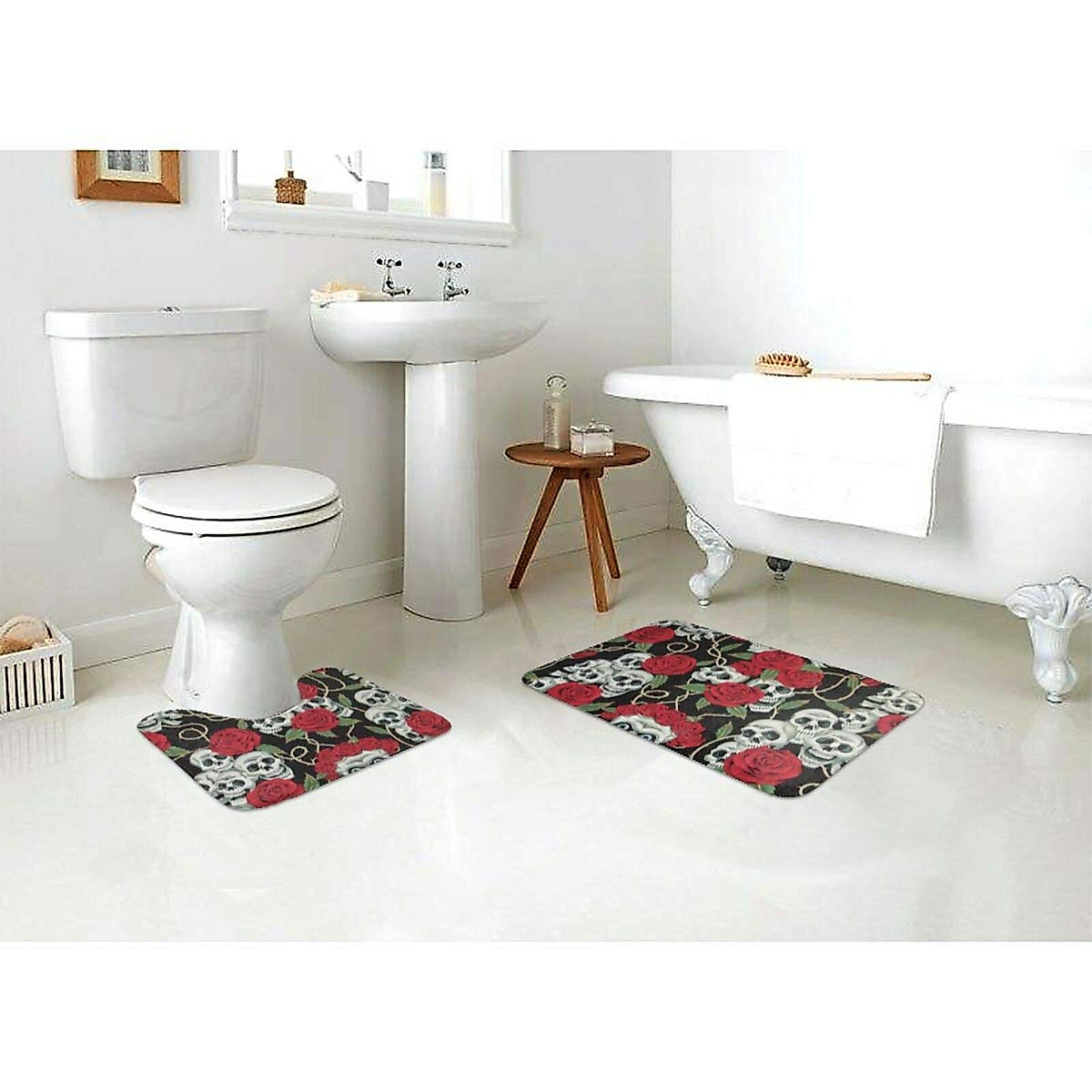 SWEET TANG Super Soft Bathroom Toilet Rug Set 2 Piece, High-Density Foam Contour Bath Mats Intage Red Rose Skull - Non Slip Absorbent Bathroom Mat & U Shaped Toilet Floor Rug